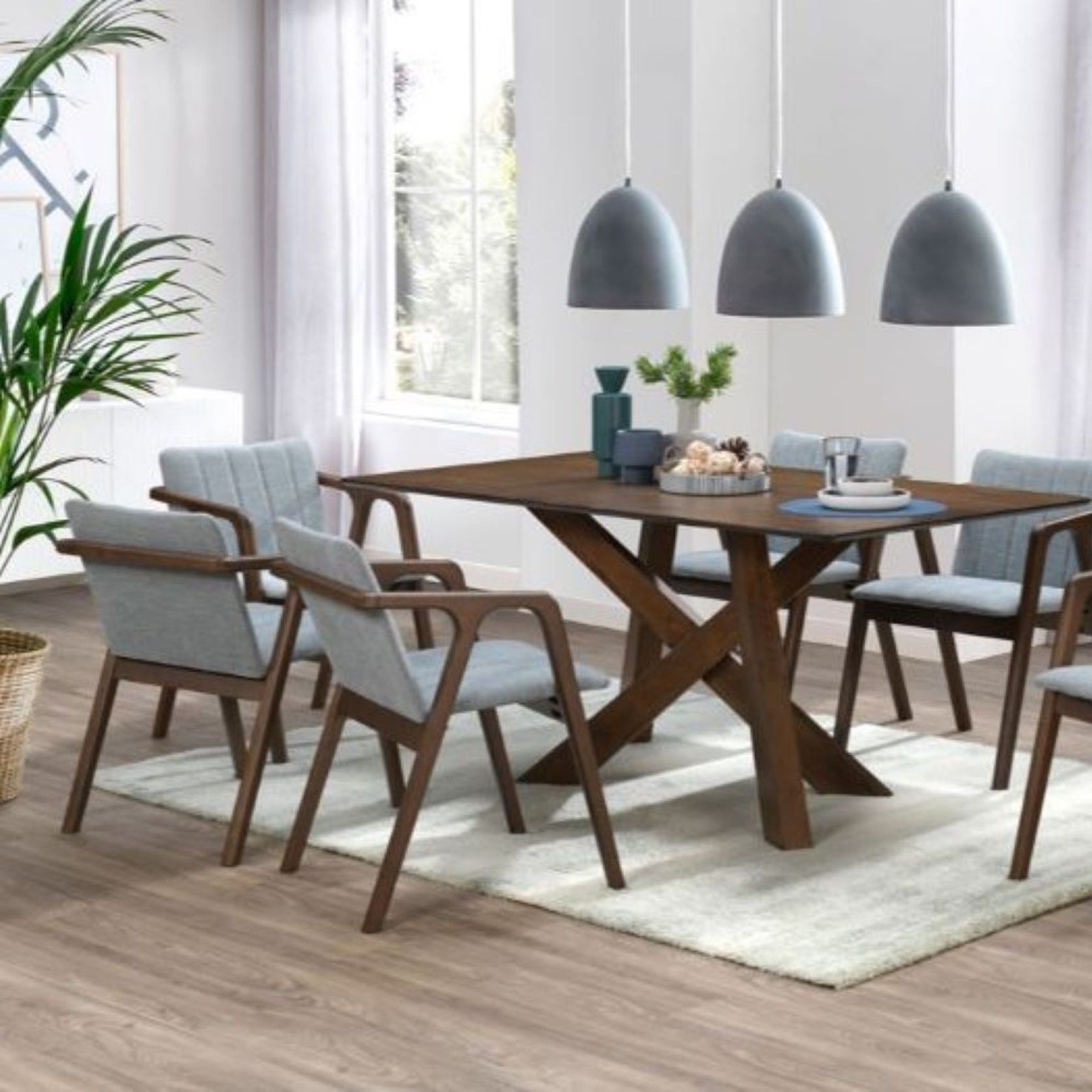 Cruz 7PCE Hardwood Dining Set | Walnut | Grey Fabric | ArchiPro AU