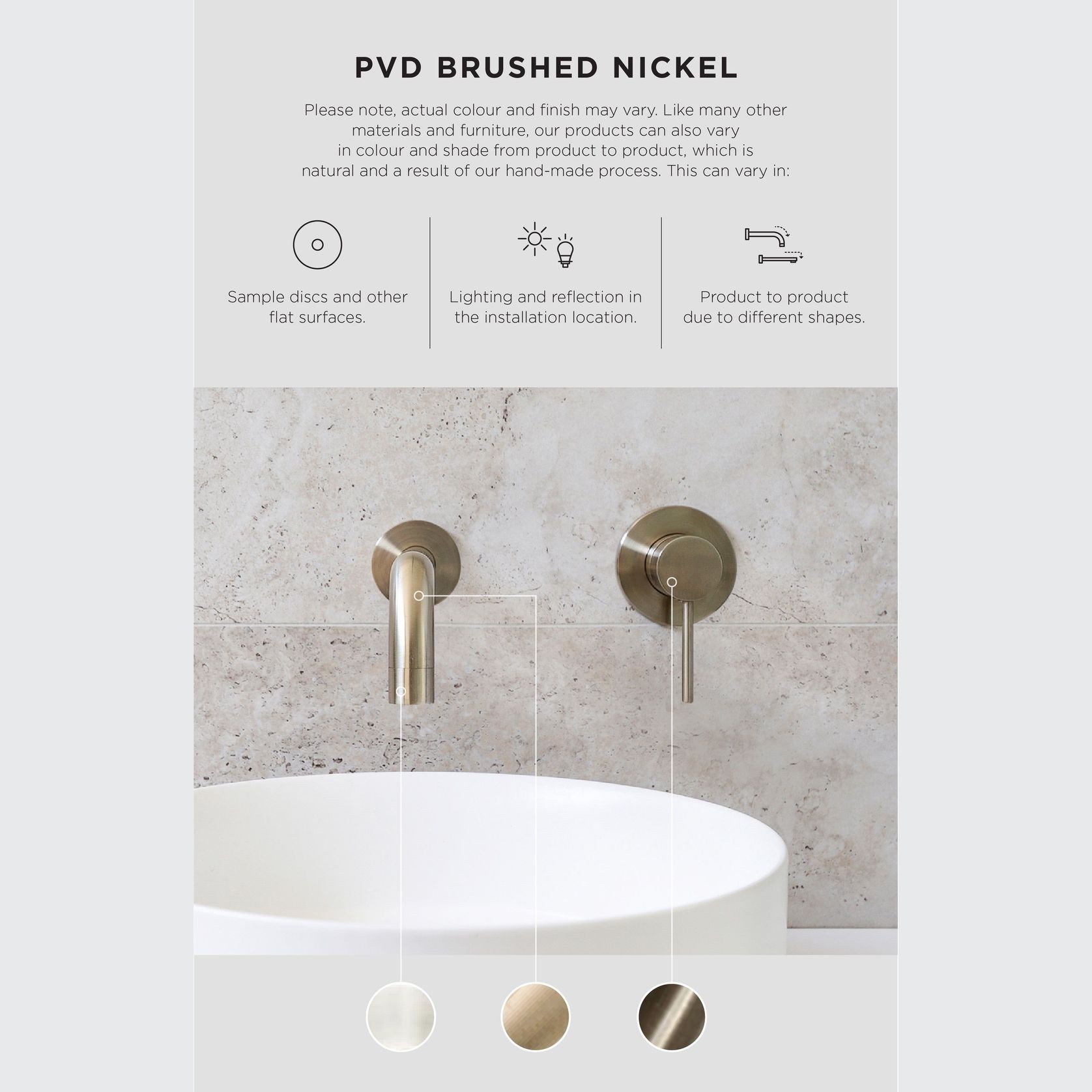 Round Tapware Colour Sample Disc - PVD Brushed Nickel | ArchiPro AU