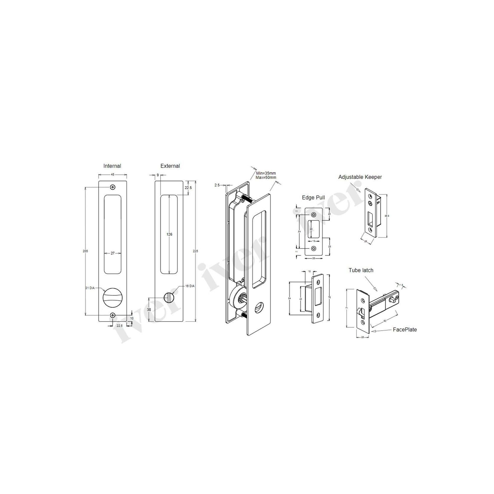 Iver Rectangular Flush Pull Privacy Set Brushed Chrome for Sliding Doors 21415P *Pair* | ArchiPro AU