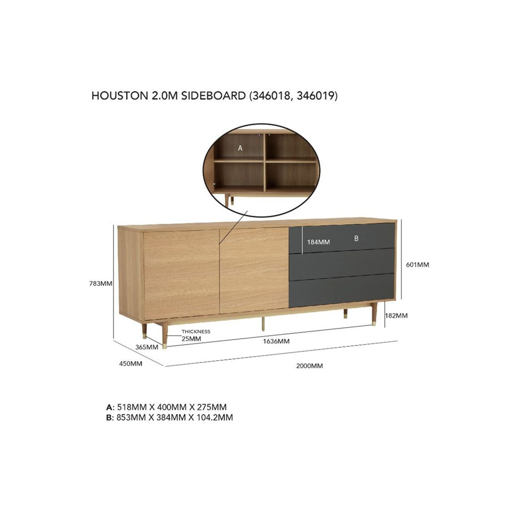HOUSTON 200cm Sideboard Buffet - Oak & Grey | ArchiPro AU