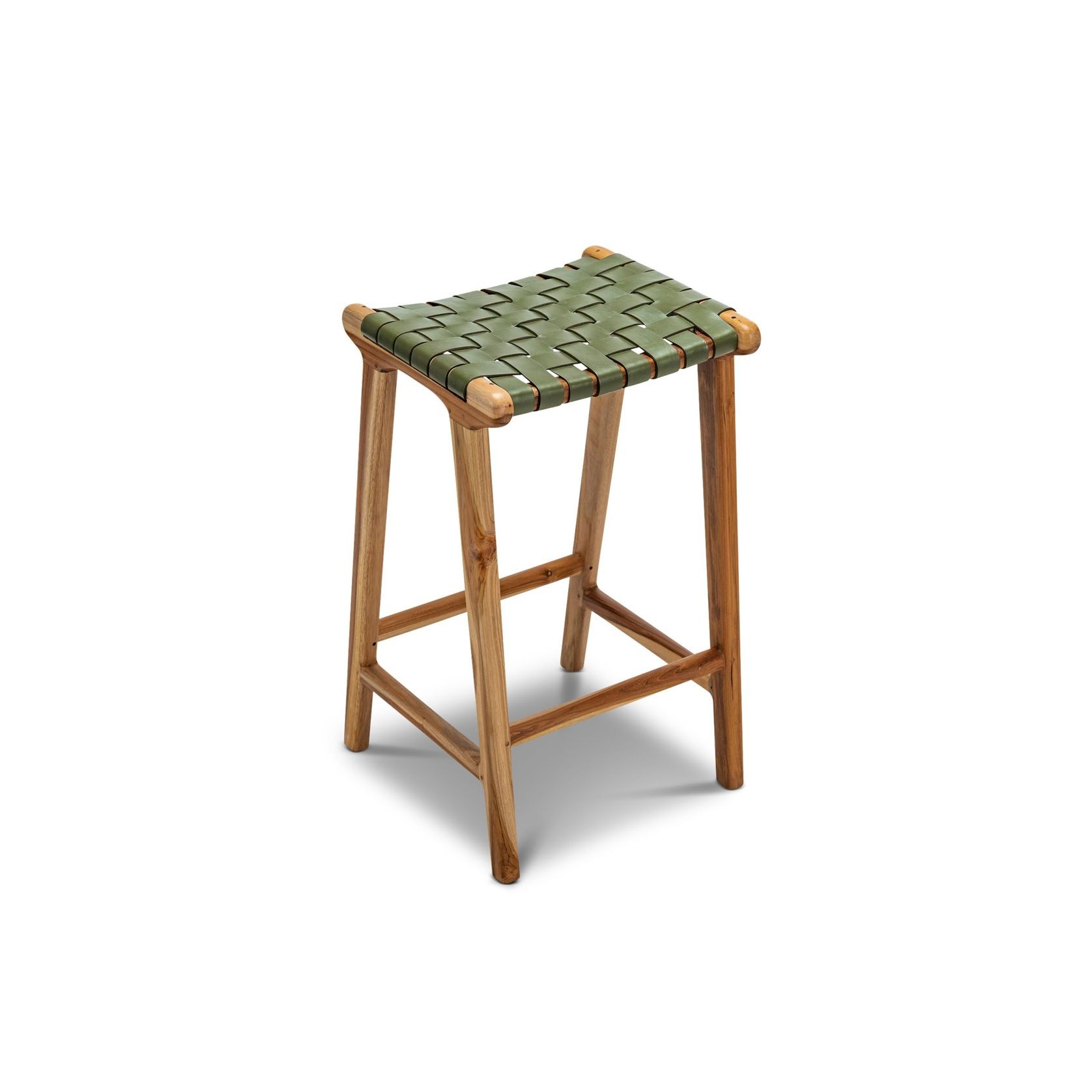 Lazie Leather Strapping Bar Stool | 66cm | Teak & Olive Green | ArchiPro AU