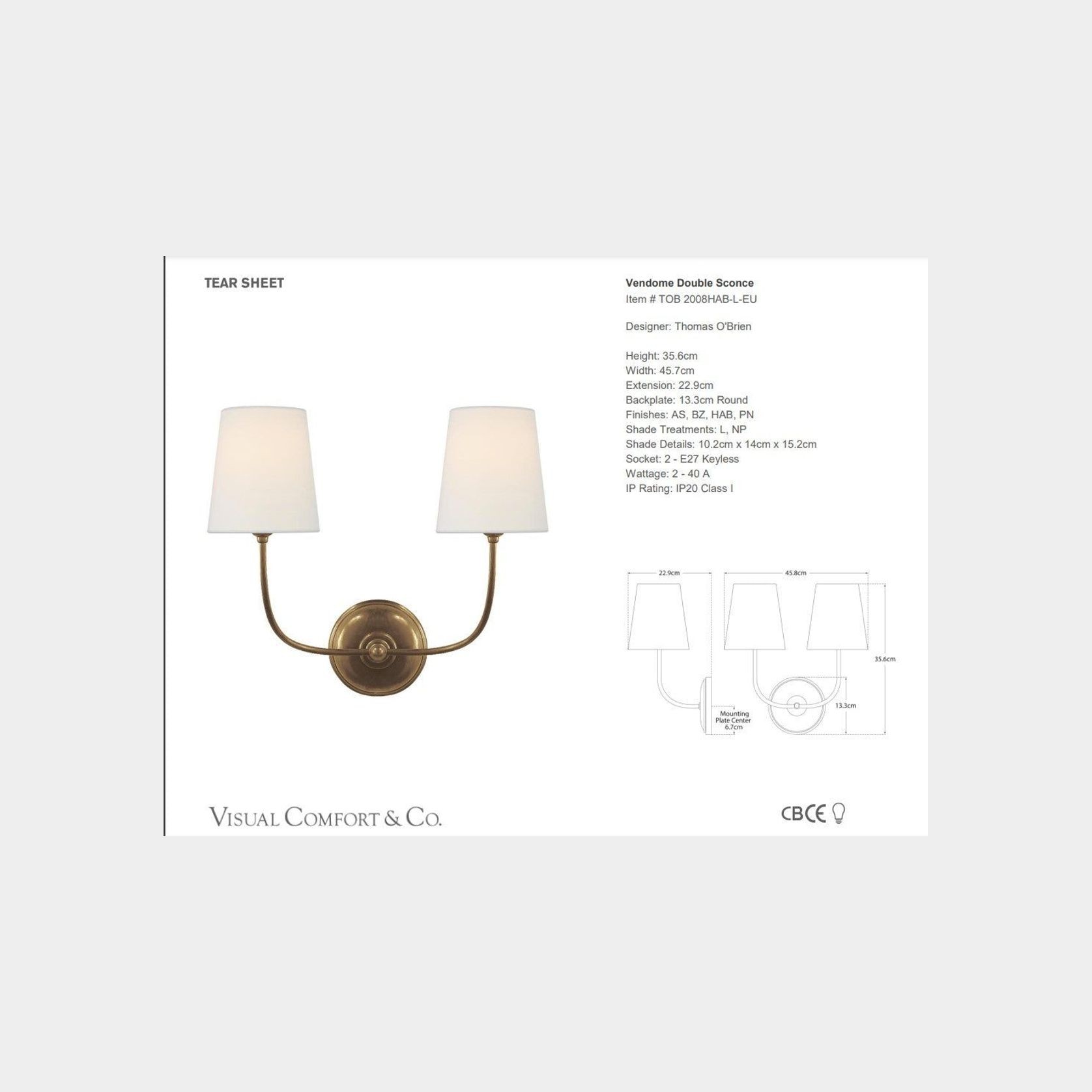 Thomas O'Brien Vendome Double Sconce | ArchiPro AU