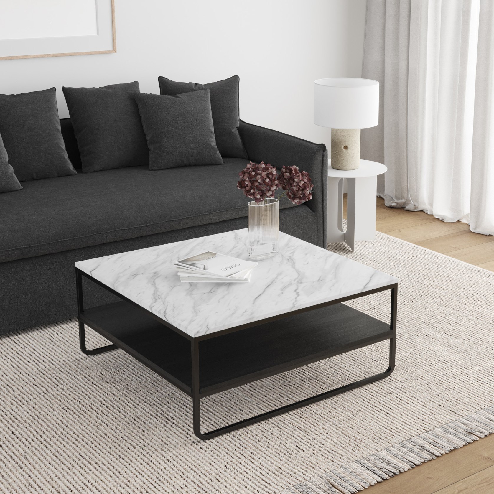 Estoria White Marble Square Shelf Coffee Table | Black | ArchiPro AU