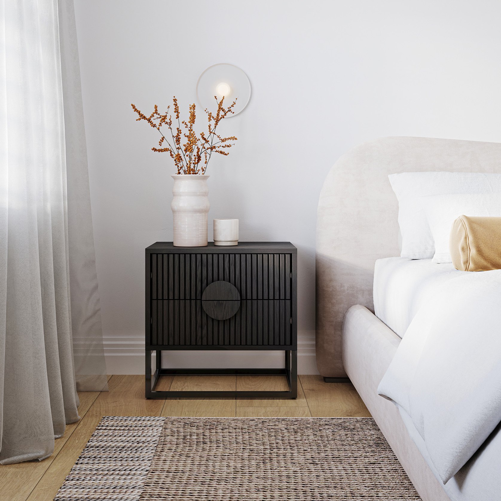 Braxton 2 Drawer Ripple Slatted Bedside Table | Black Oak | ArchiPro AU