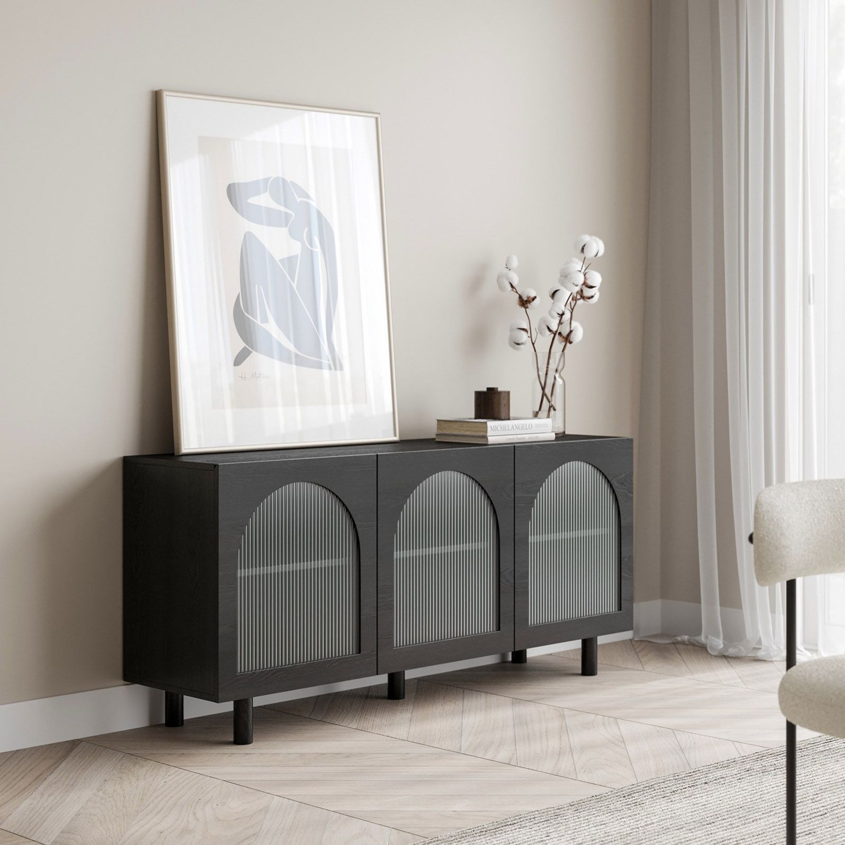 Cove 3 Door Fluted Glass Arch Sideboard Buffet | Black Oak | ArchiPro AU